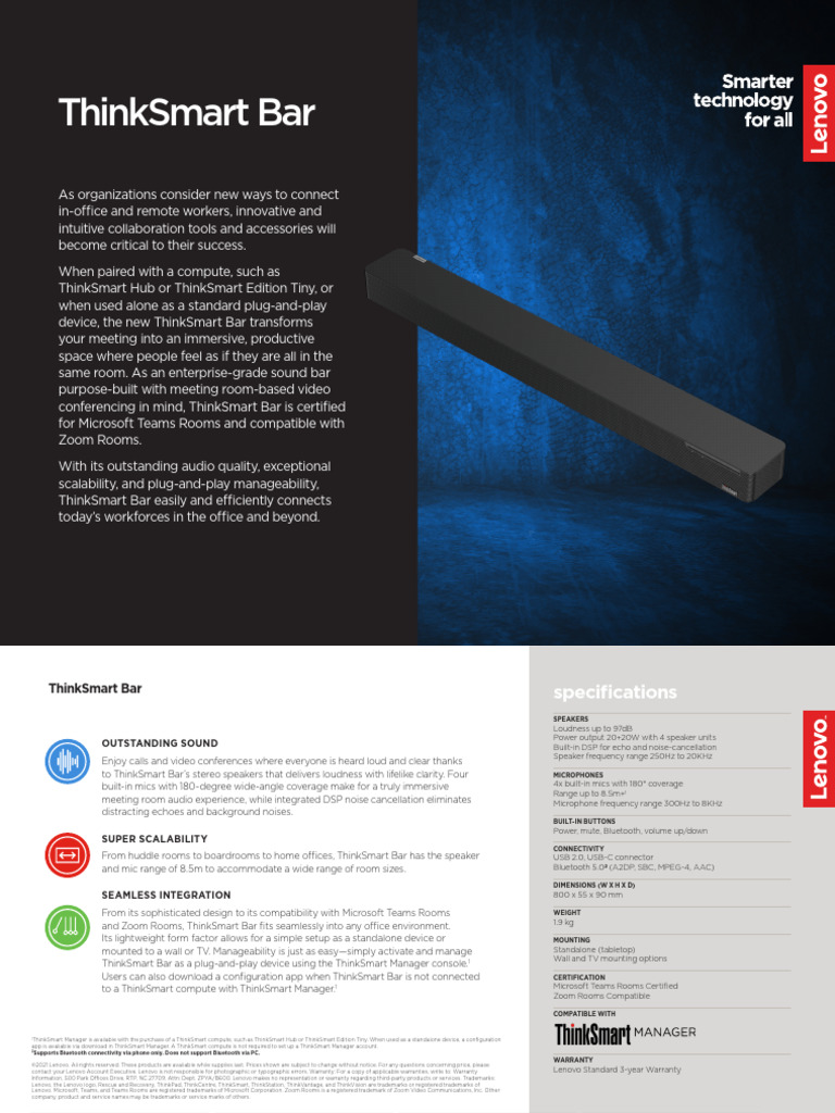 Lenovo ThinkSmart Bar Datasheet | PDF | Microphone | Lenovo