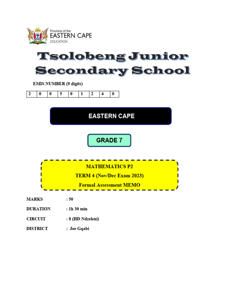 Tsolobeng JSS Grade 7 Mathematics P2 Final Exam (Memo) 2023 | PDF | Angle | Trigonometry