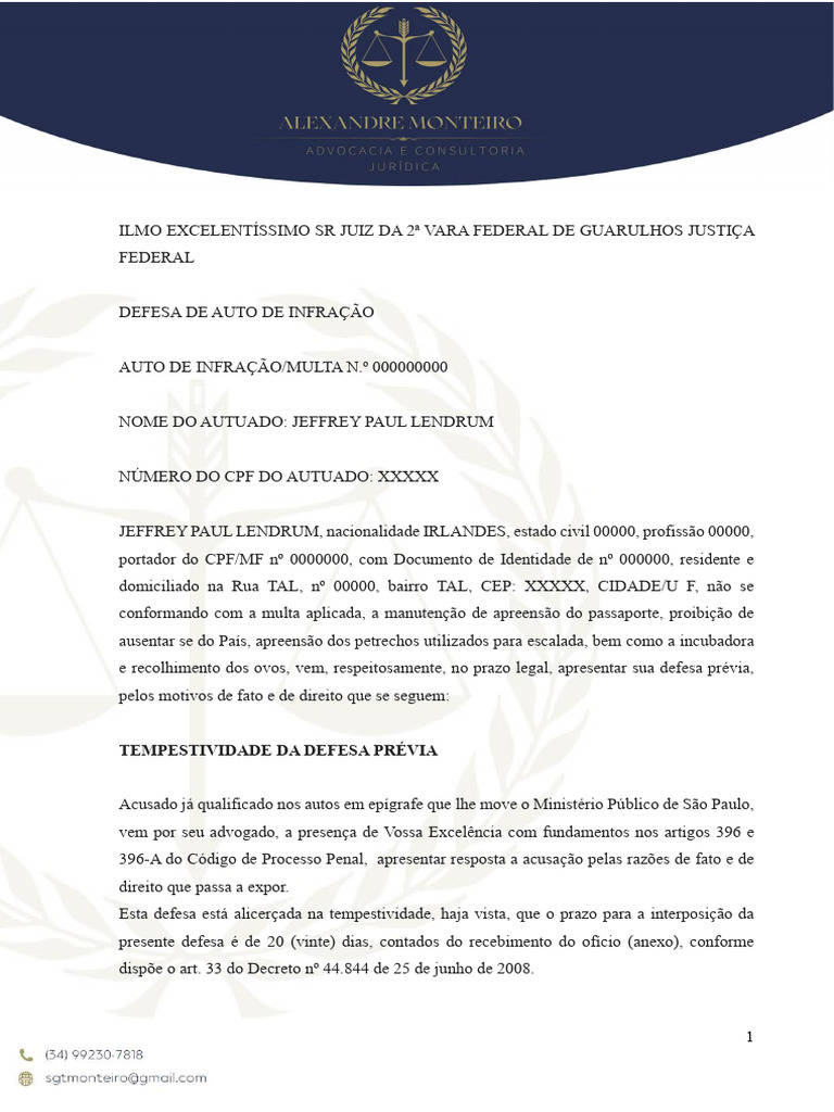 Defesa de Jeffrey Lendrum por Multa Ambiental | PDF | Crimes | Crime e ...