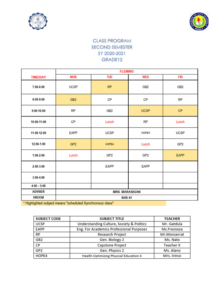 Grade 12 Second Semester Class Schedule | PDF