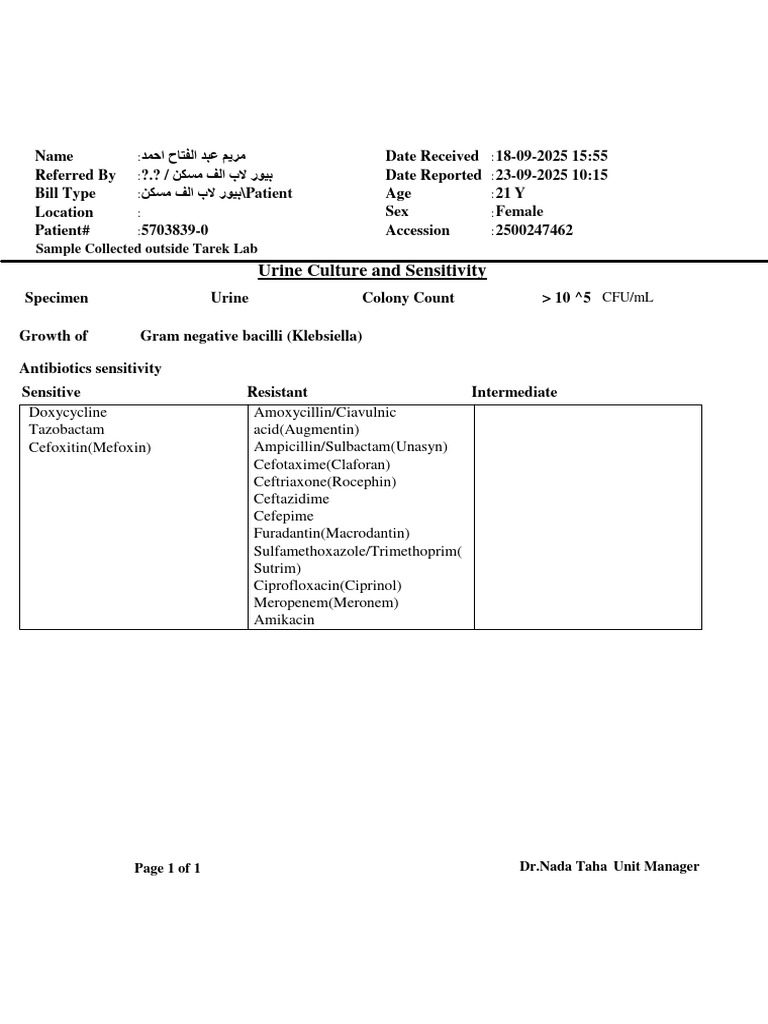 Urine Culture and Sensitivity: ?.? / 18-09-2025 15:55 23-09-2025 10:15 ...