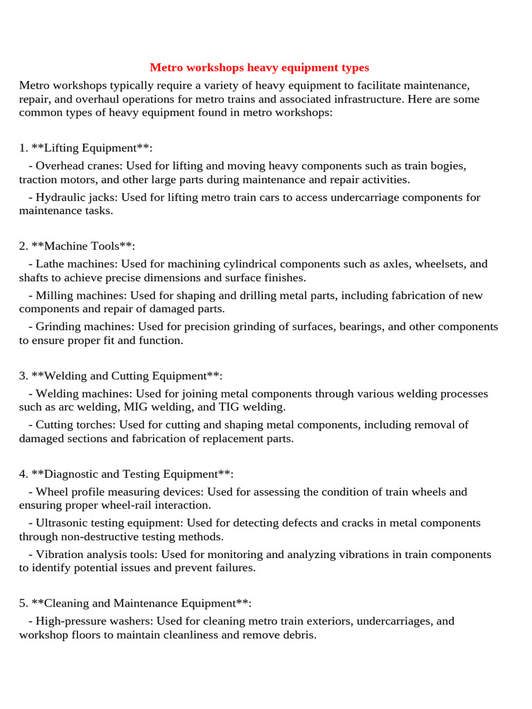 Metro Workshops Heavy Equipment Types | PDF | Train | Rapid Transit