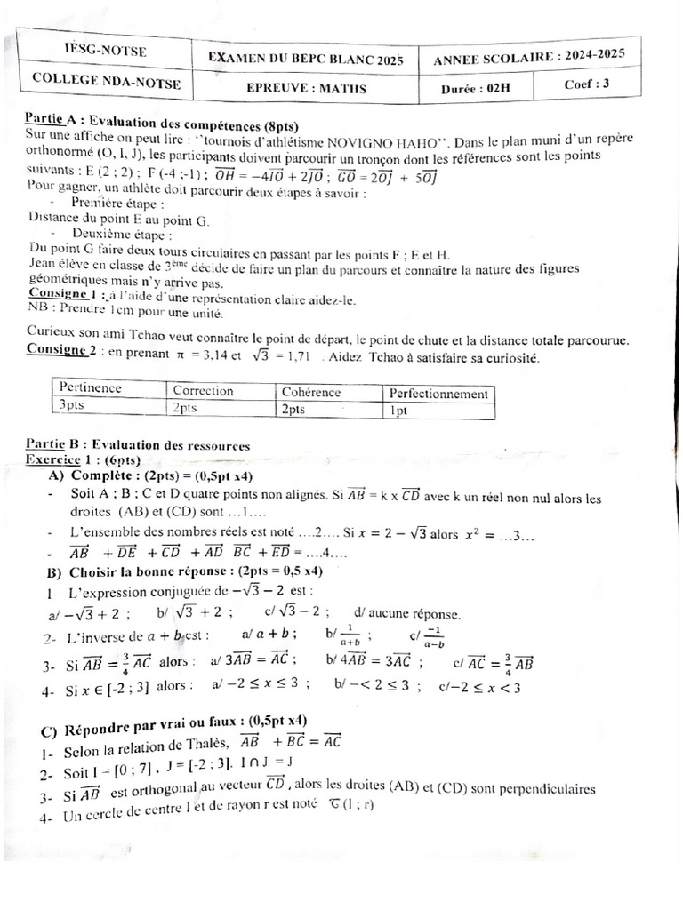 Bepc Blanc Math (Nda) | PDF