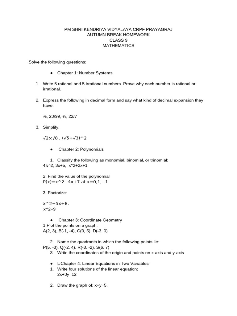 Class Ix Autumn Break HHW 25 | PDF | Equations | Angle