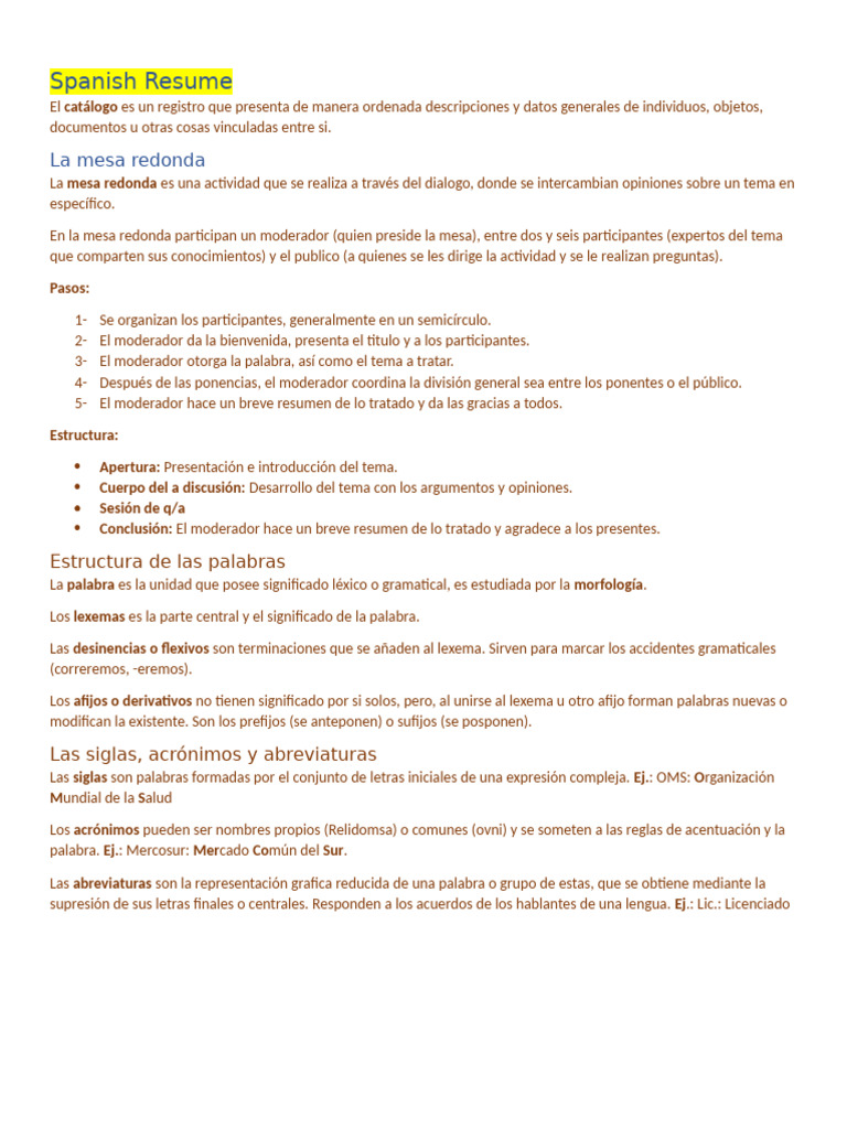 Spanish Resume | PDF | Oración (Lingüística) | Gramática