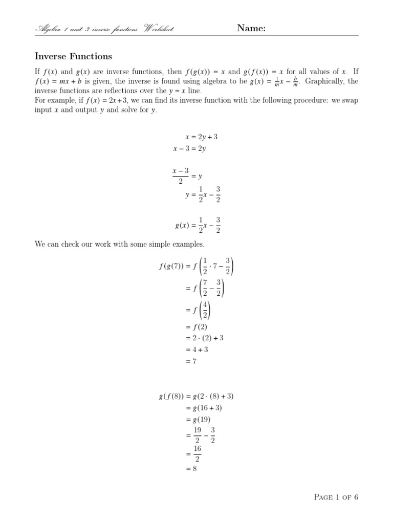 Alg1 U3 Ws Inverse Linear Functions | PDF | Function (Mathematics ...