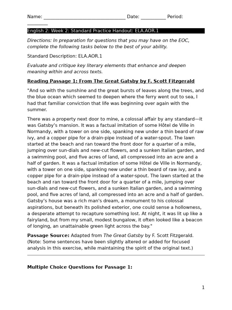 Literary Elements Analysis Handout | PDF | Narration | The Great Gatsby