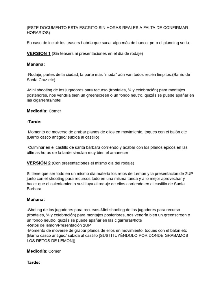 Plan de Rodaje en Alicante | PDF