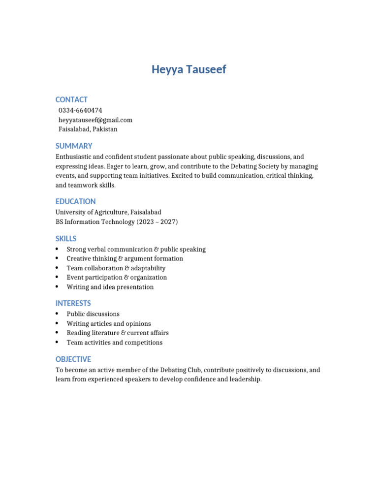 Heyya Tauseef Debating Club CV-1 | PDF