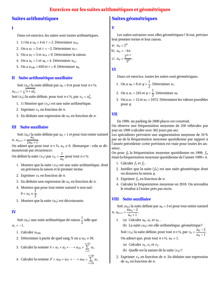 Exercices sur suites arithmétiques et géométriques | PDF | Arithmétique ...