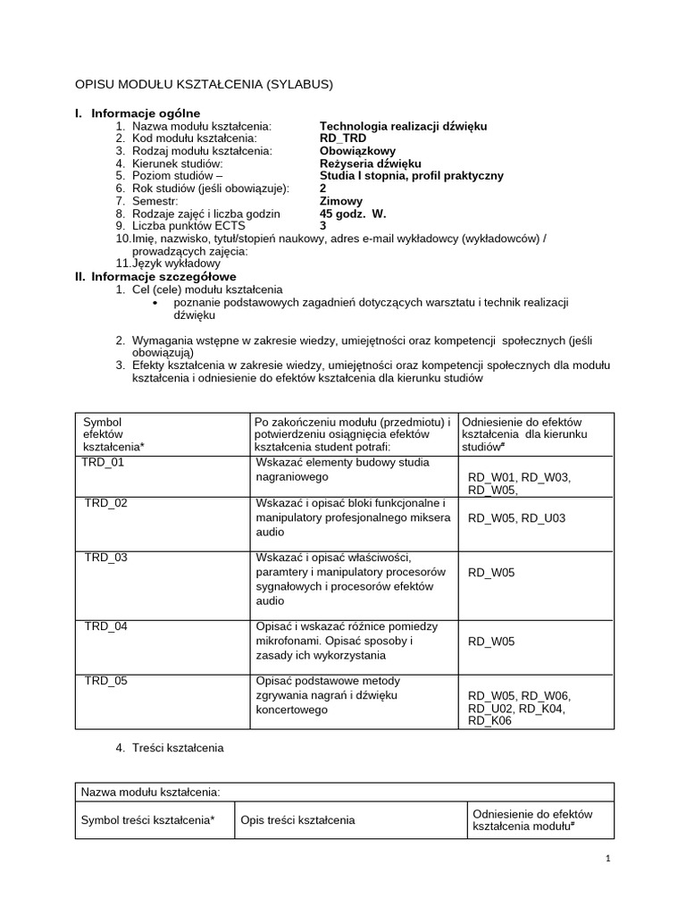 RD - Technologia Realizacji Dźwięku | PDF