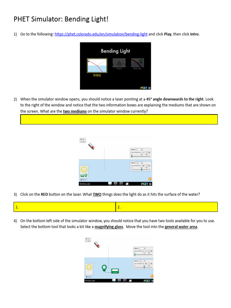 PHET Bending Light Simulation Guide | PDF | Light | Refraction