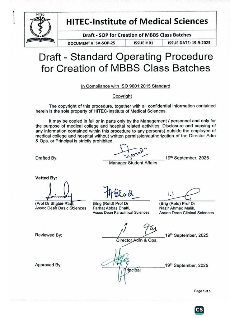 Draft SOP For Creation of MBBS Class Batches | PDF