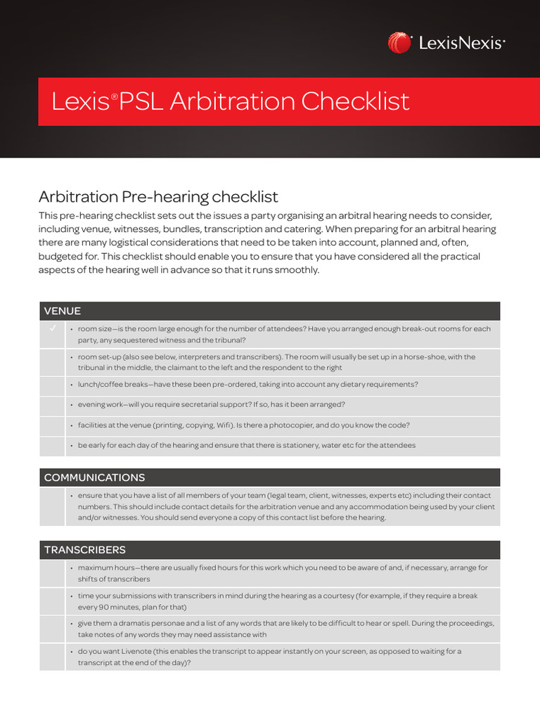 Arbitration Pre-Hearing Checklist | PDF | Lexis Nexis | Witness