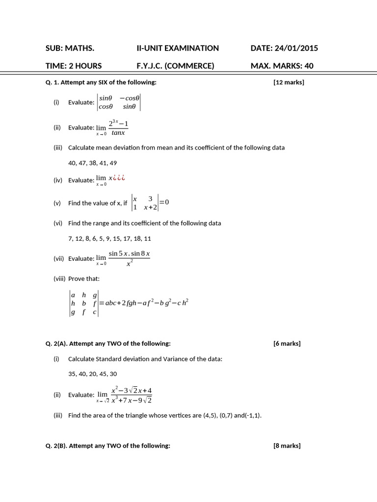 XI Maths (Comm) II Unit Test | PDF | Mathematics | Applied Mathematics