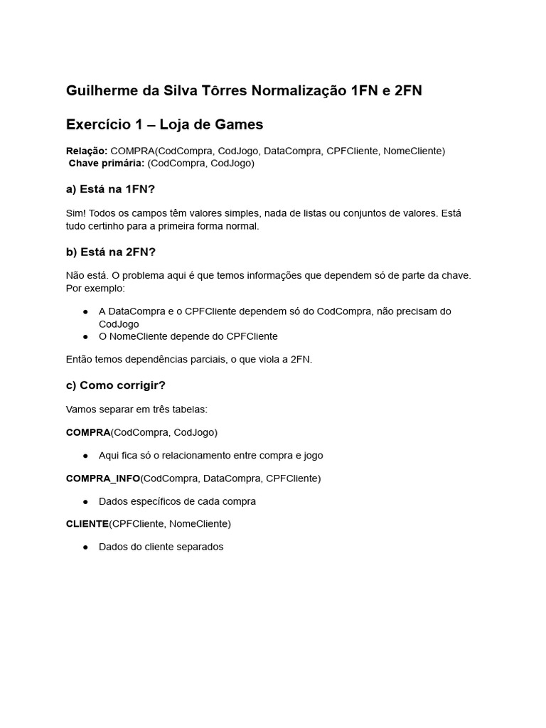 Guilherme Da Silva Tôrres Normalização 1FN e 2FN | PDF