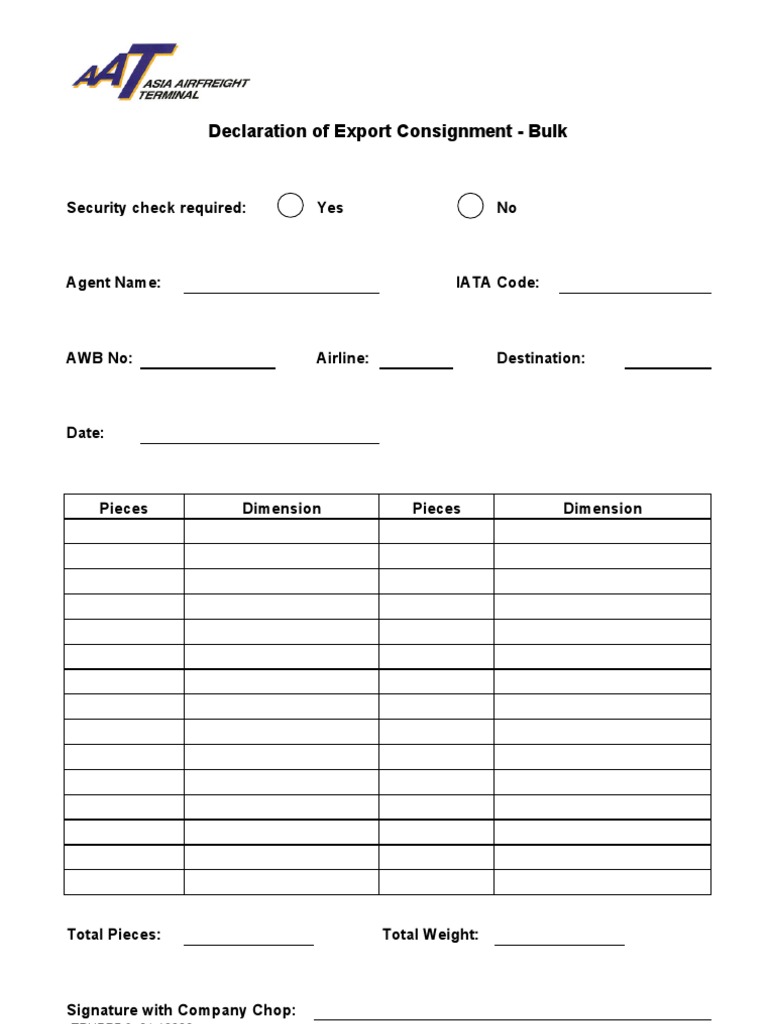 Declaration Export Consignment Bulk | PDF