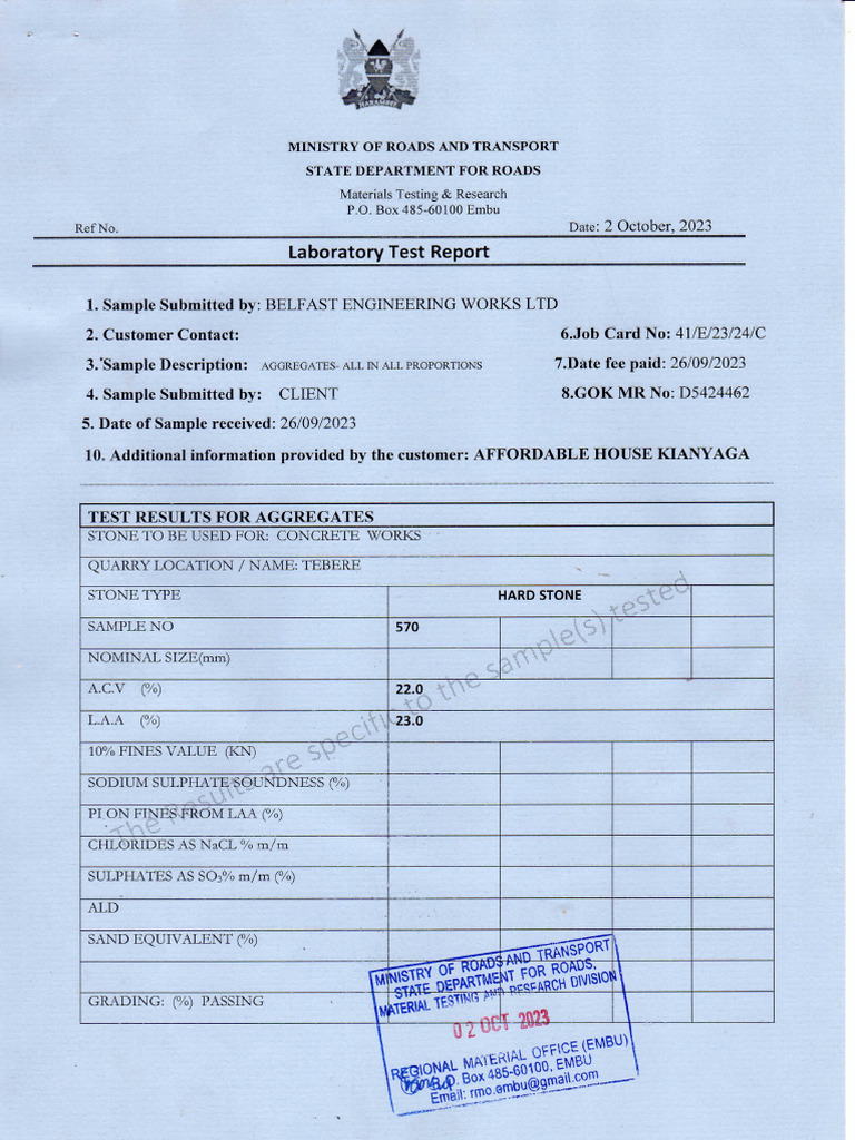 Gichugu Material Test Results | PDF
