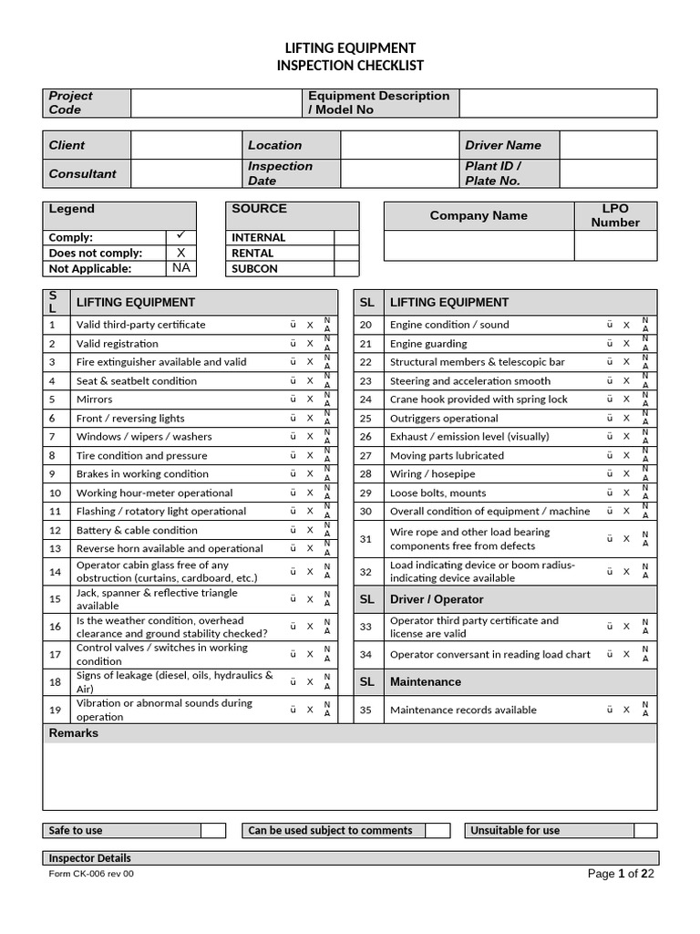 Lifting Equipment Inspection Checklist | PDF | Vehicles | Motor Vehicle
