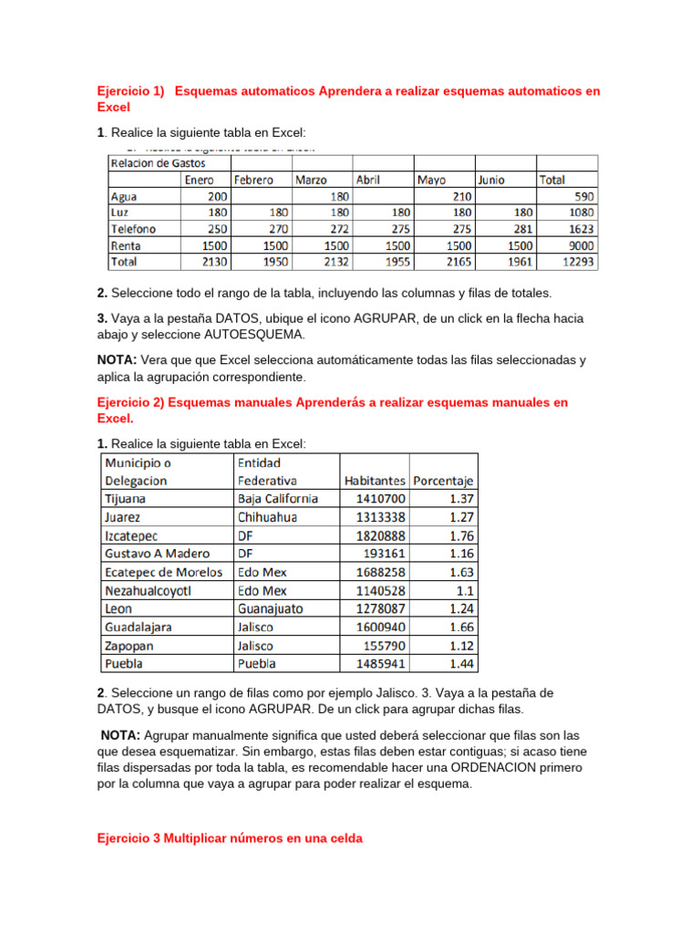 Ejercicios en Excel y Procedimientos_062959 | PDF | División (Matemáticas) | Microsoft Excel