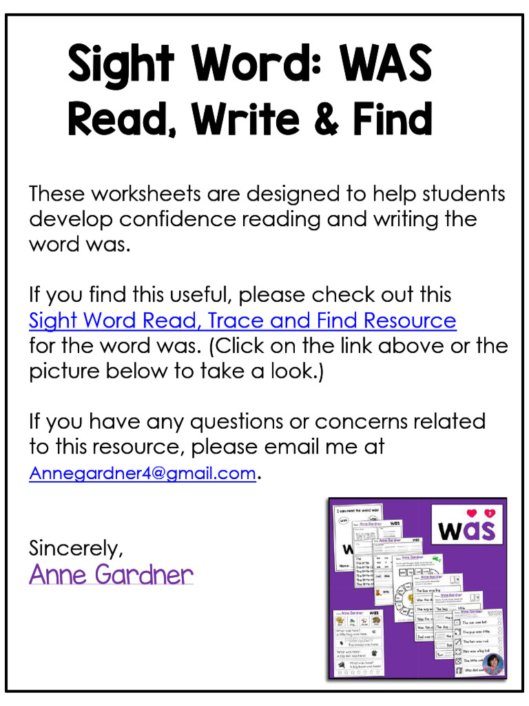 Worksheets for Sight Word "Was" | PDF