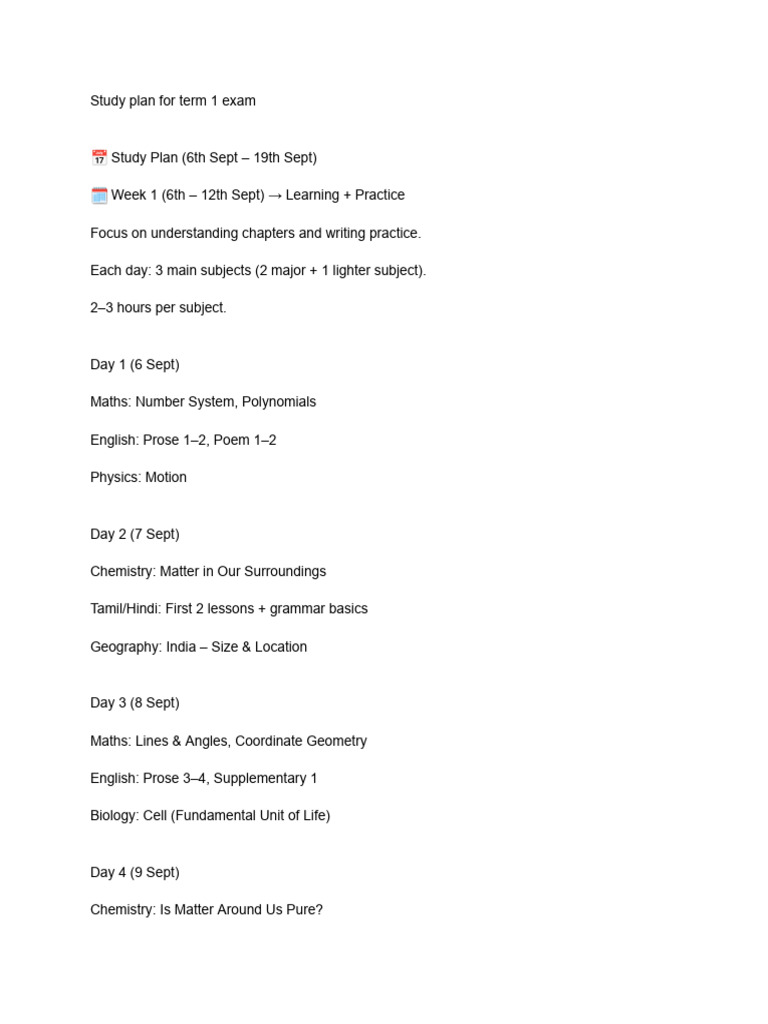 Term 1 Exam Study Plan Guide | PDF
