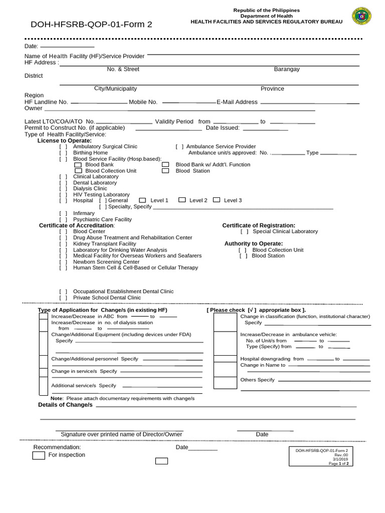DOH-HFSRB-QOP-01-Form-2-3212019-postedDOH | PDF | Clinic | Health Sciences