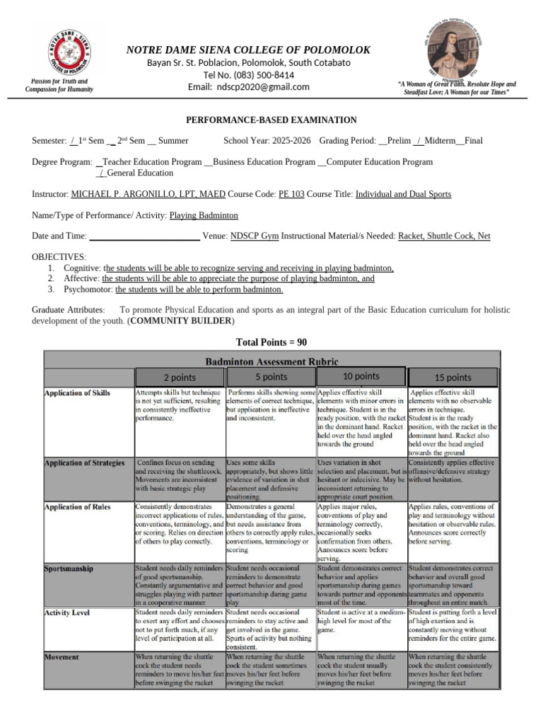 Performance-Based-Examination - Midterm - Pe 103 - Individual and Dual Sports | PDF