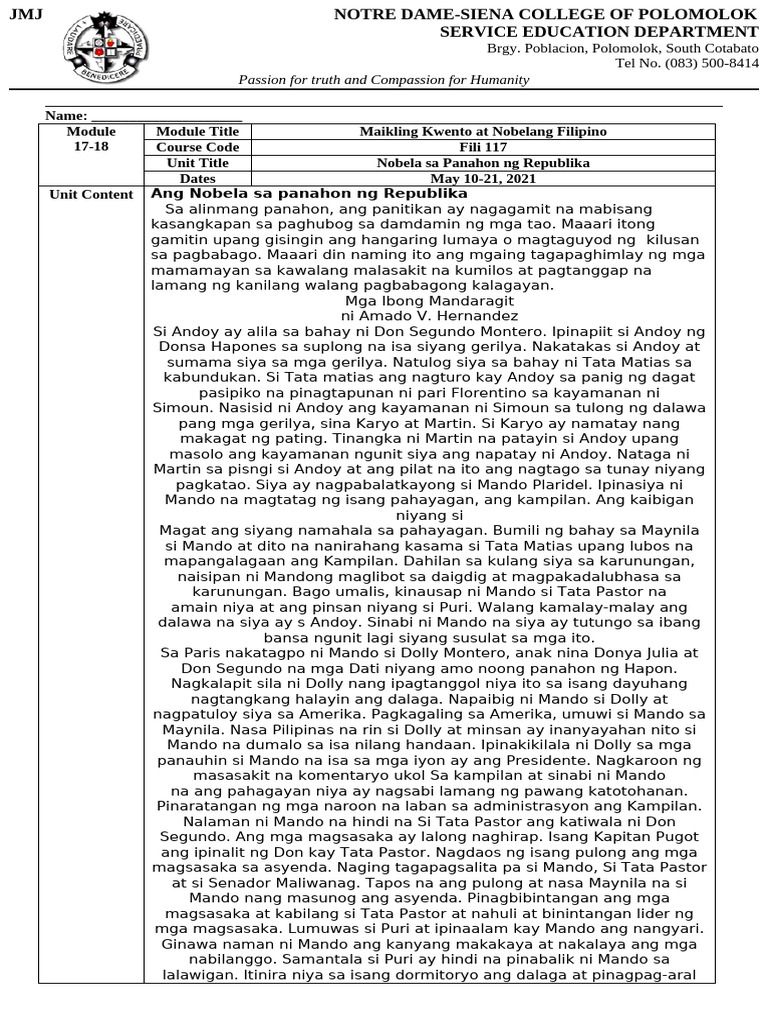 NDSCP - Module 17-18 For Maikling Kwento at Nobelang Filipino (Michael P. Argonillo) | PDF