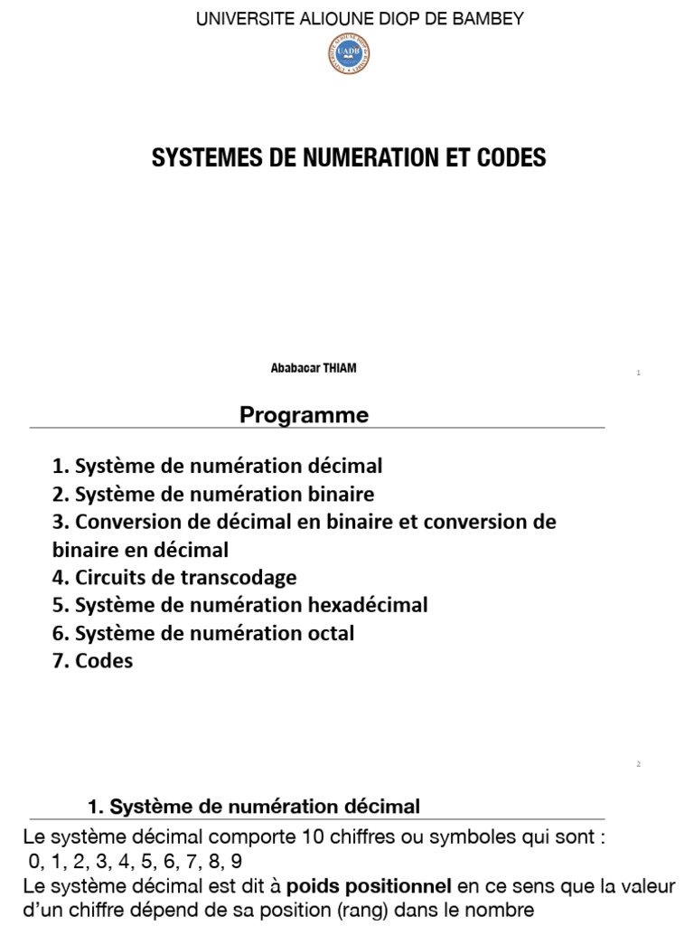 Systèmes de numération et codes numériques | PDF | Décimal codé binaire ...