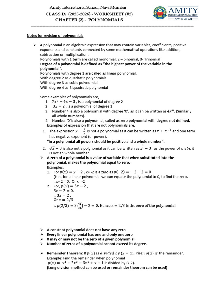 Class IX Polynomial Worksheet 2025-2026 | PDF | Polynomial | Factorization