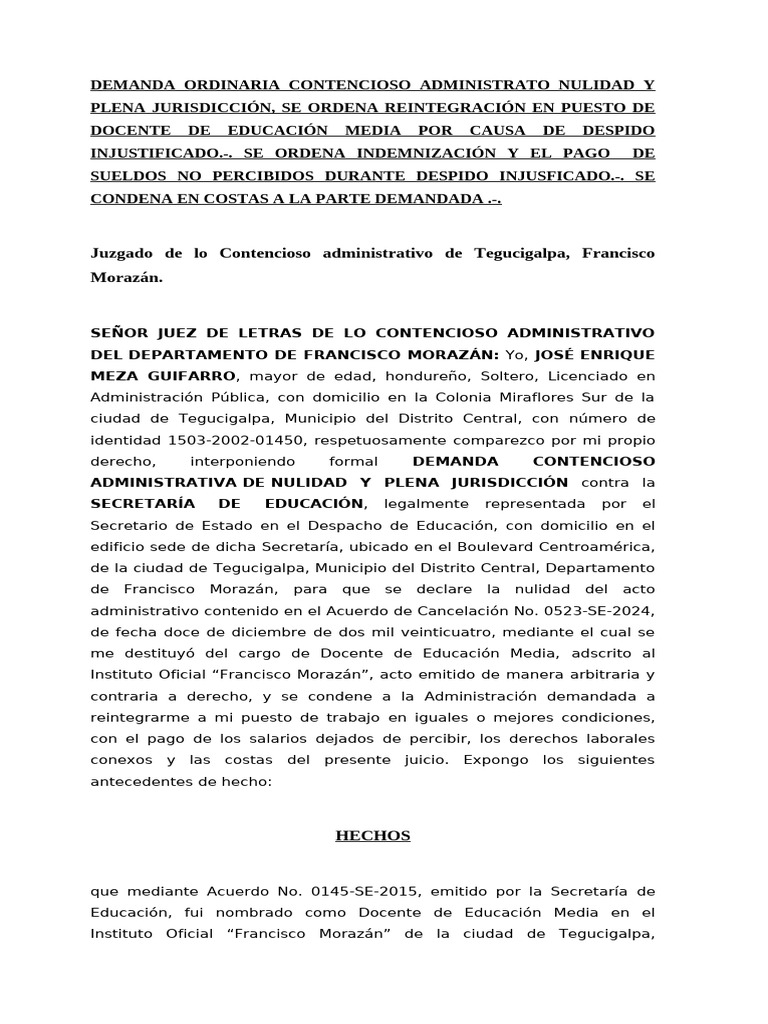 Demanda de Lo Contencioso Administravo Por Despido Injustificado ...