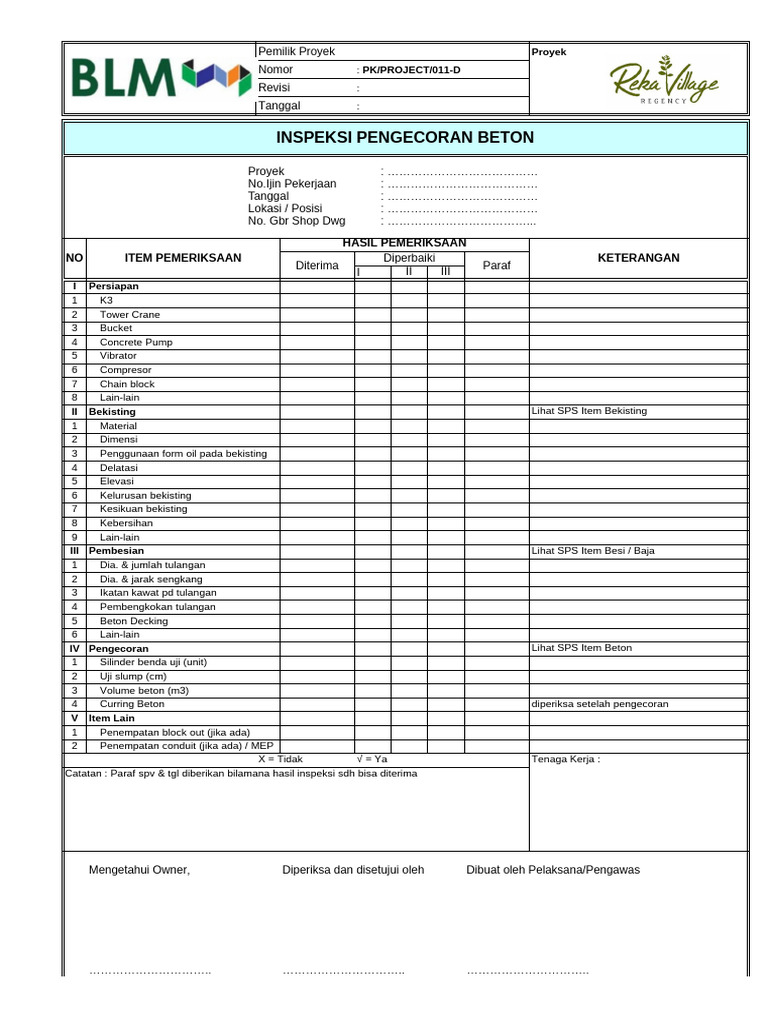 Inspeksi Pengecoran Beton Proyek | PDF