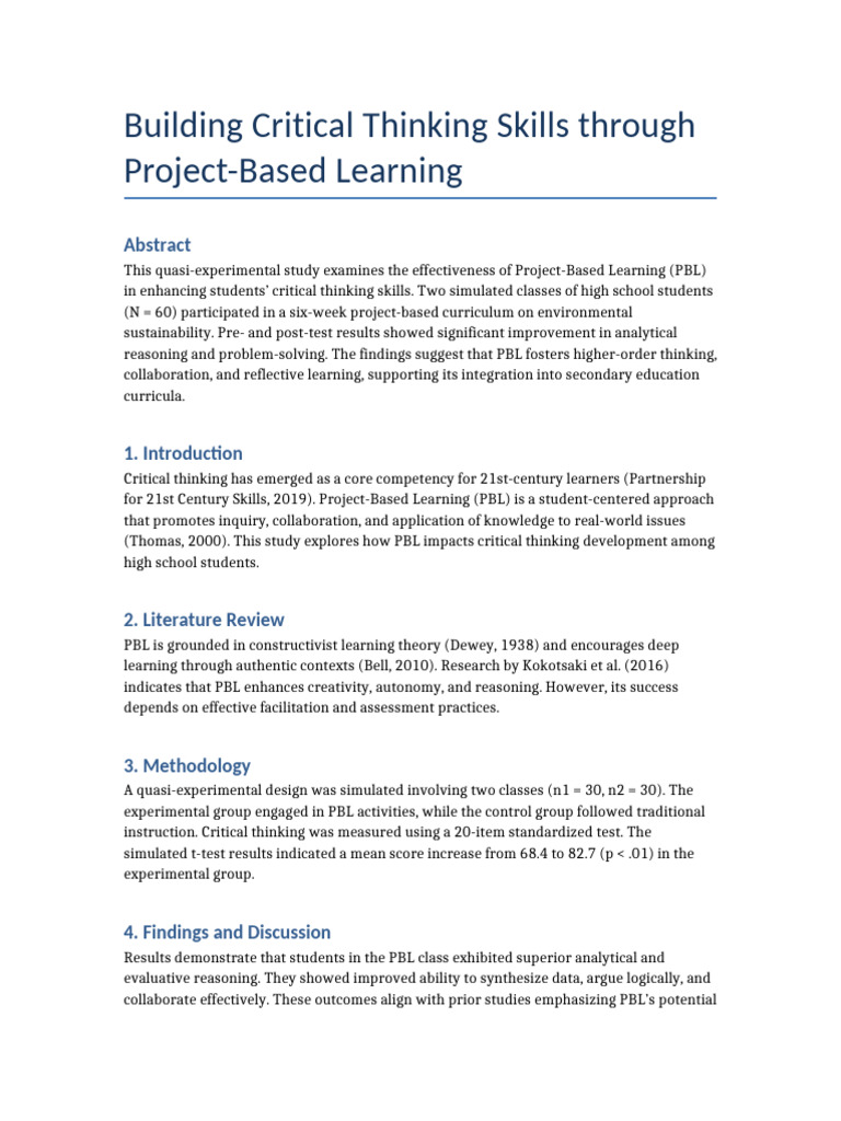 Building Critical Thinking Skills Through Project-Based Learning Final ...