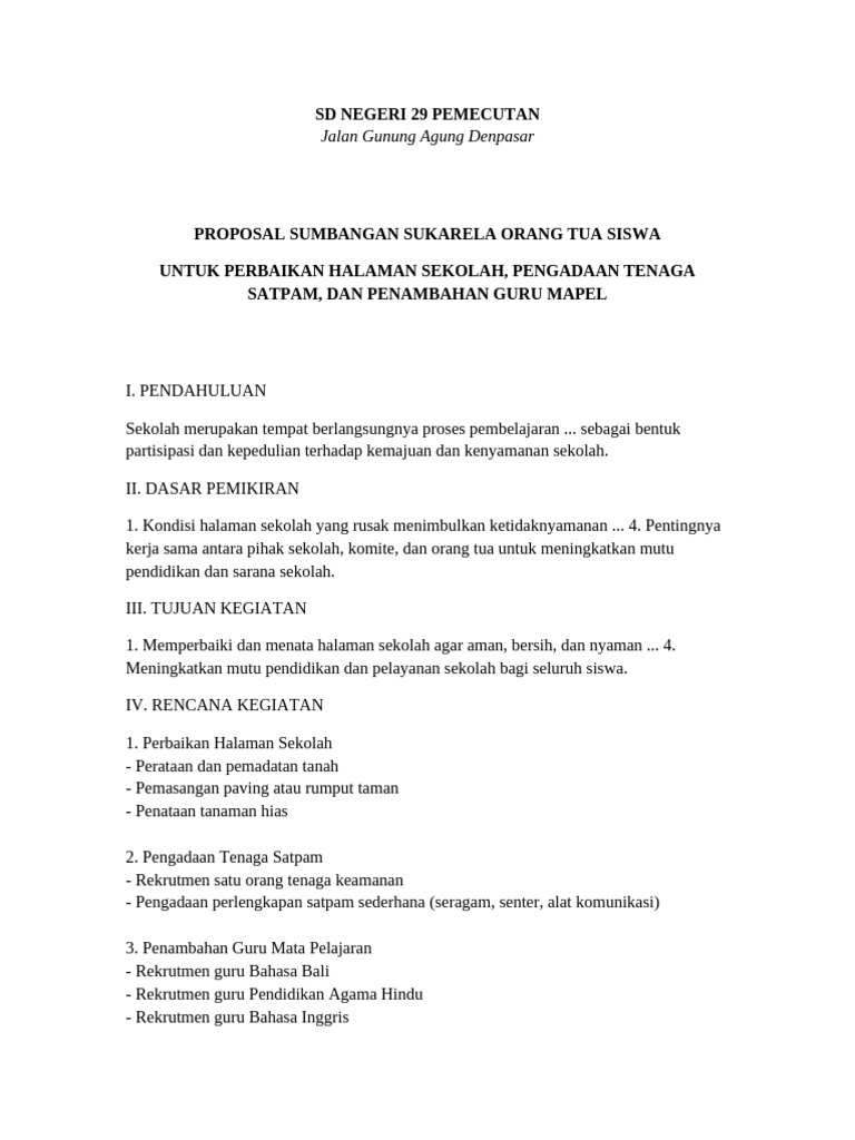 Proposal Sumbangan SD Negeri 29 Pemecutan | PDF