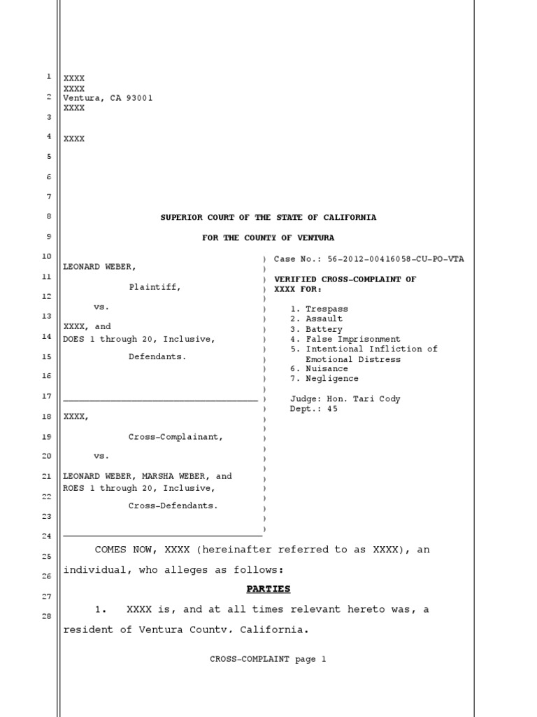 Cross Complaint | Intentional Infliction Of Emotional Distress | Trespass