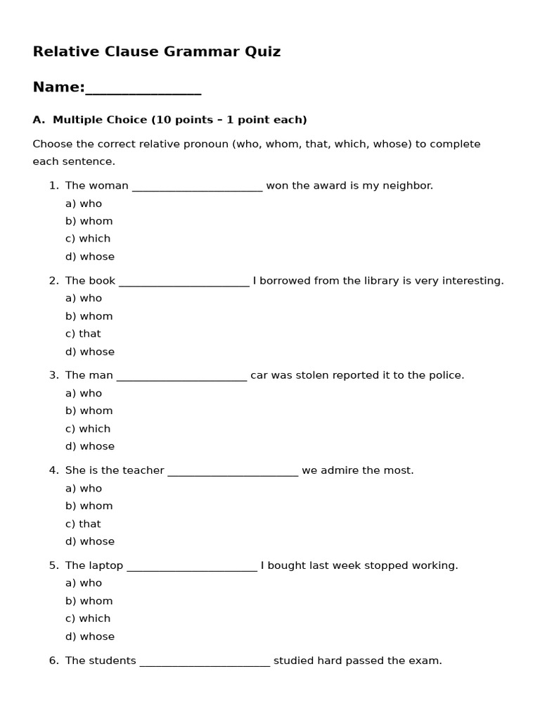 Relative Pronouns Grammar Quiz | PDF