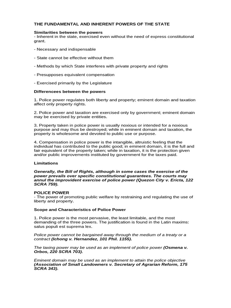 State Powers: Police, Eminent Domain, Taxation | PDF | Police Power ...
