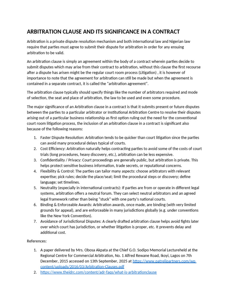 Arbitration Clause and Its Significance in A Contract | PDF ...