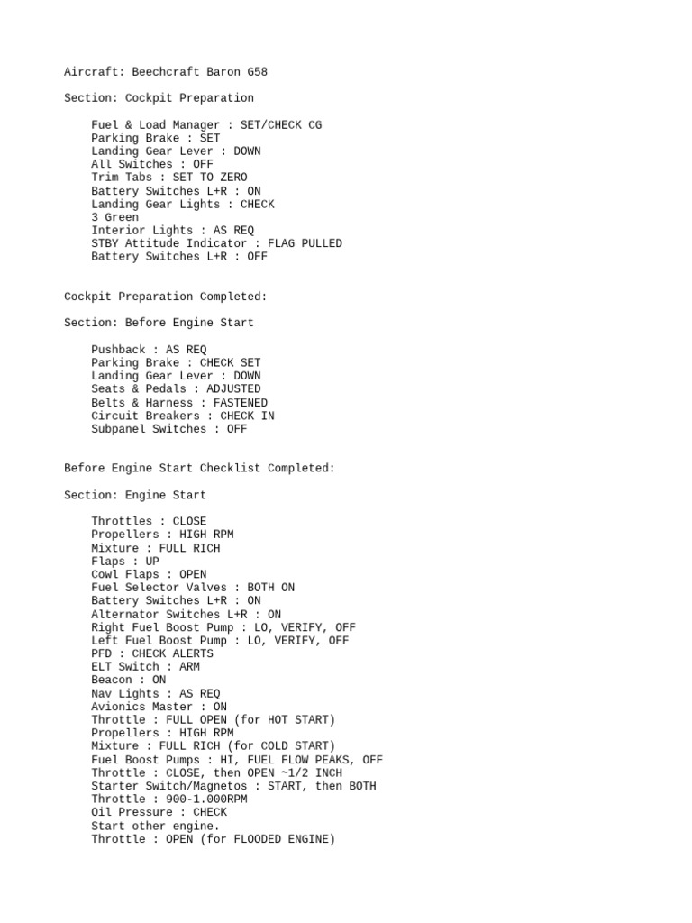 Beechcraft Baron G58 Checklist | PDF | Throttle | Landing Gear