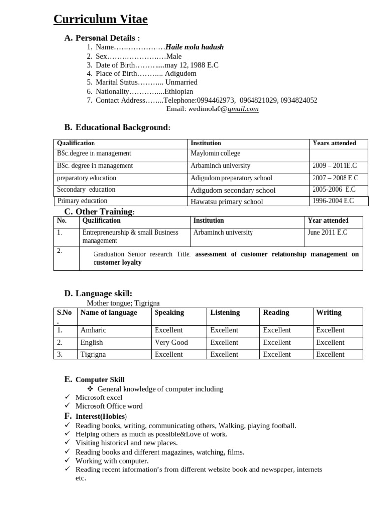 Ethiopian CV of Haile Mola Hadush | PDF