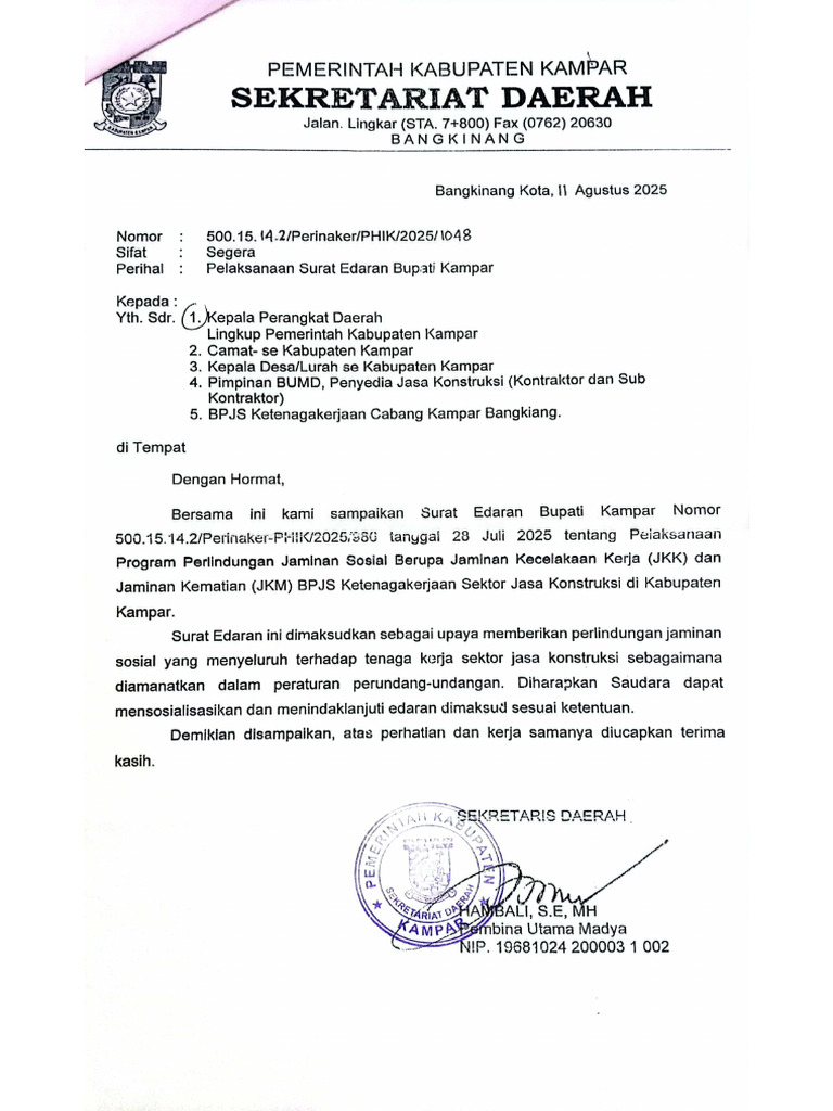 Edaran TTG JKK | PDF