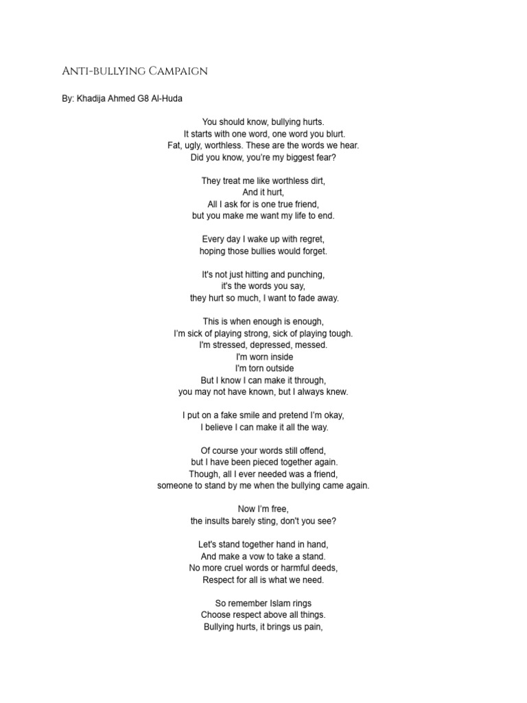 Anti-Bullying Awareness Poem | PDF | Bullying