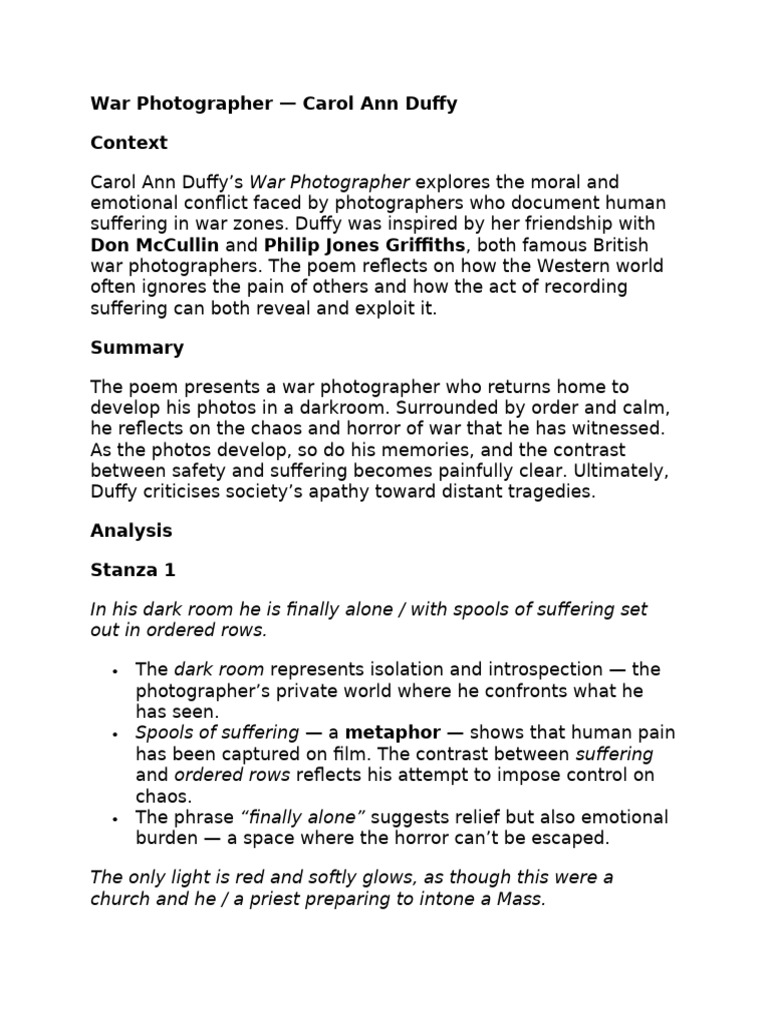 War Photographer - Notes | PDF | Suffering | Poetry