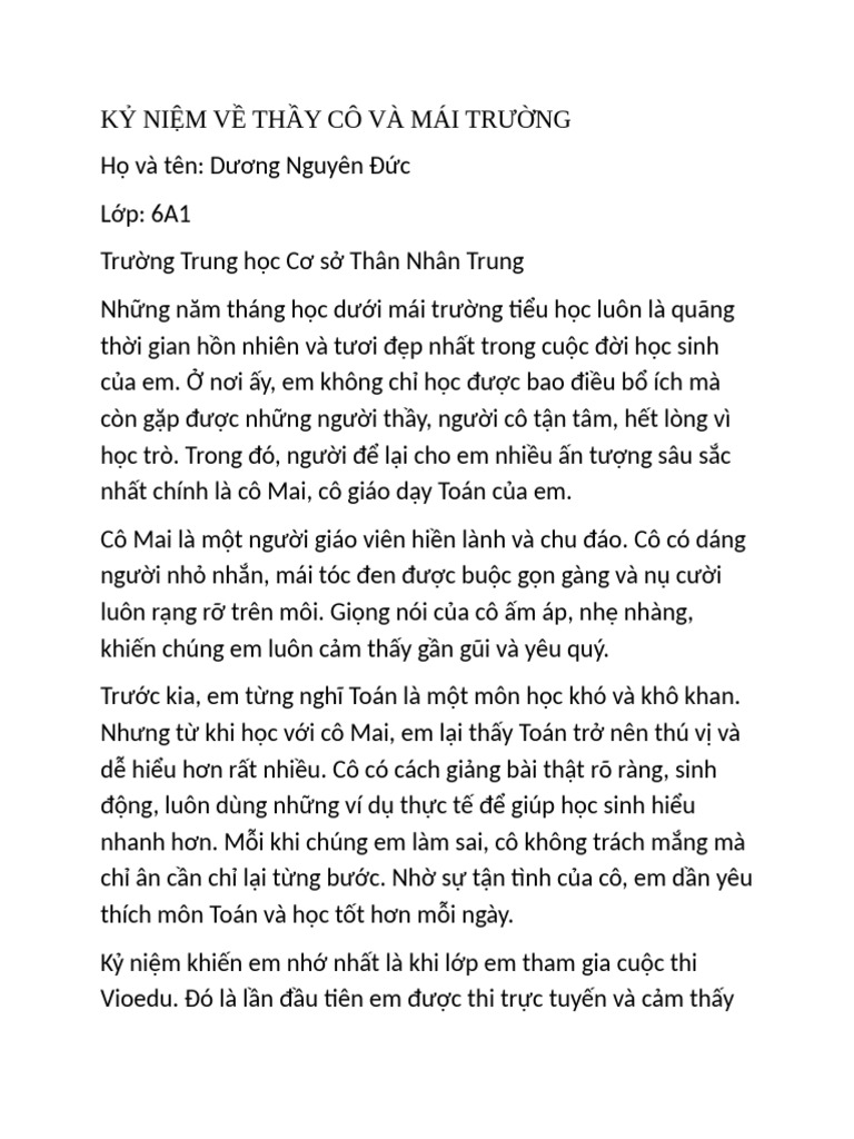 BDT Viết Thư Dương Nguyên Đức - 6A1 | PDF