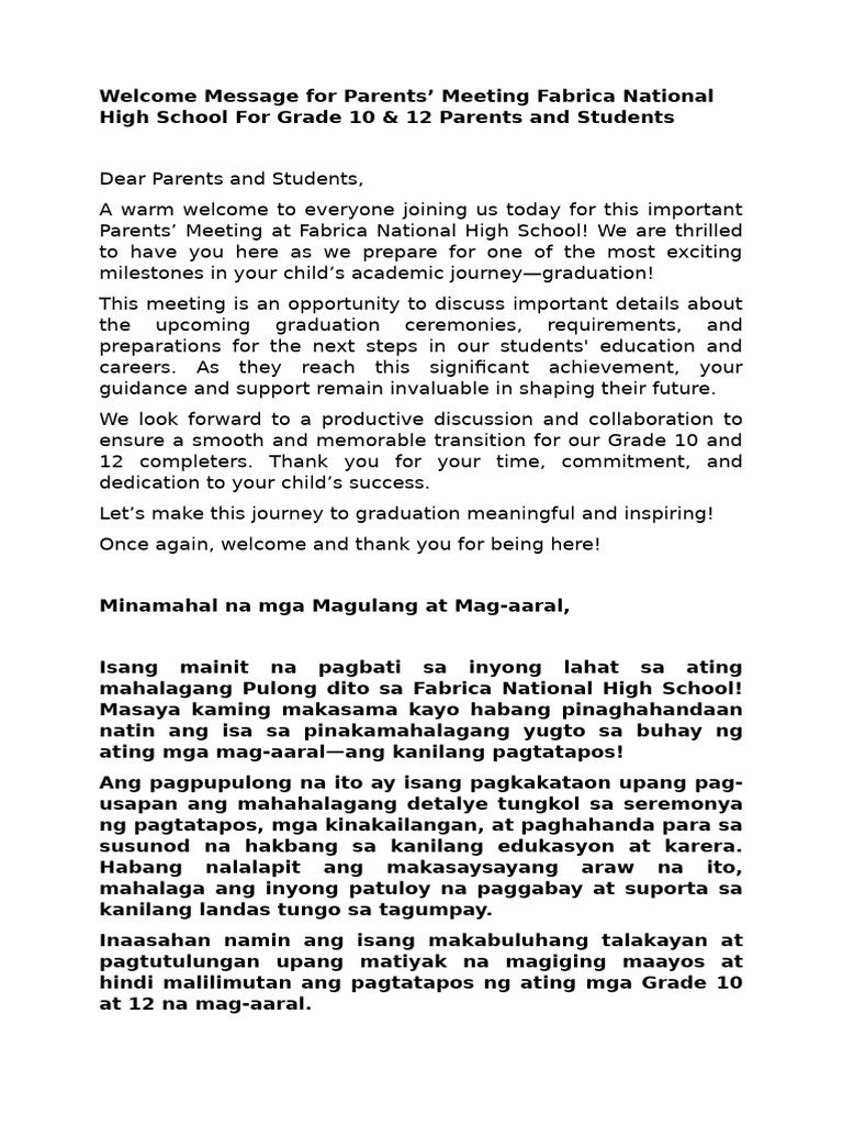 Welcome Message For Parents | PDF