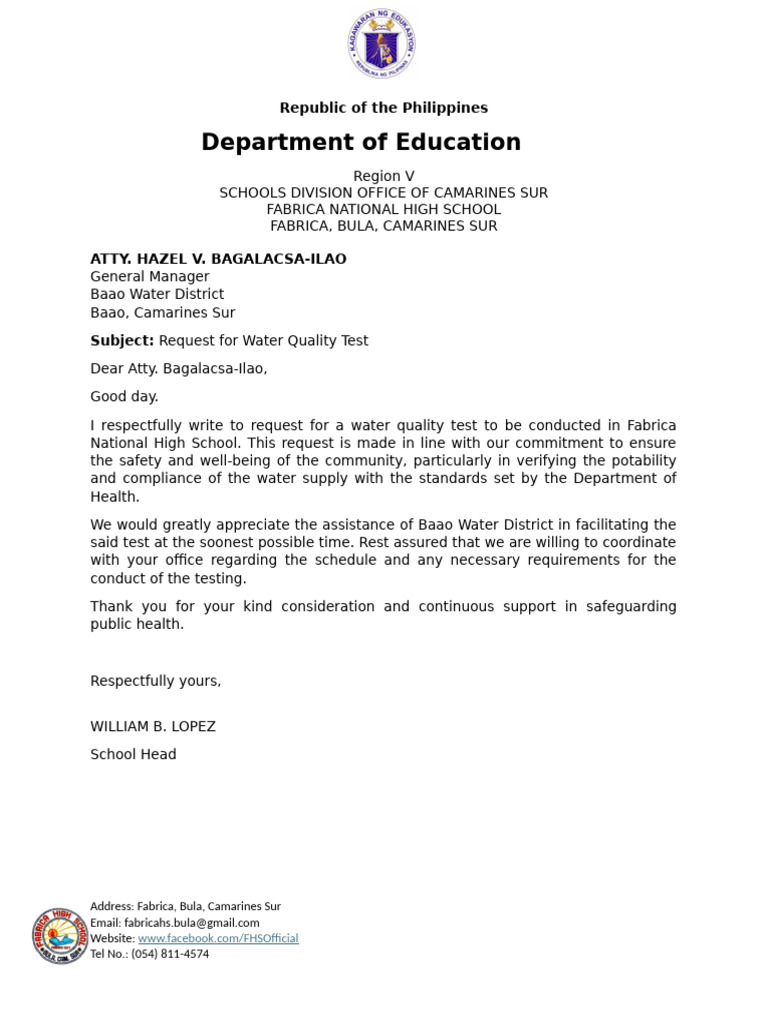 Water Quality Test Request Letter | PDF