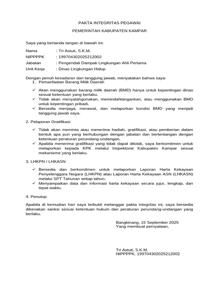 Pakta Integritas Pegawai Kampar | PDF