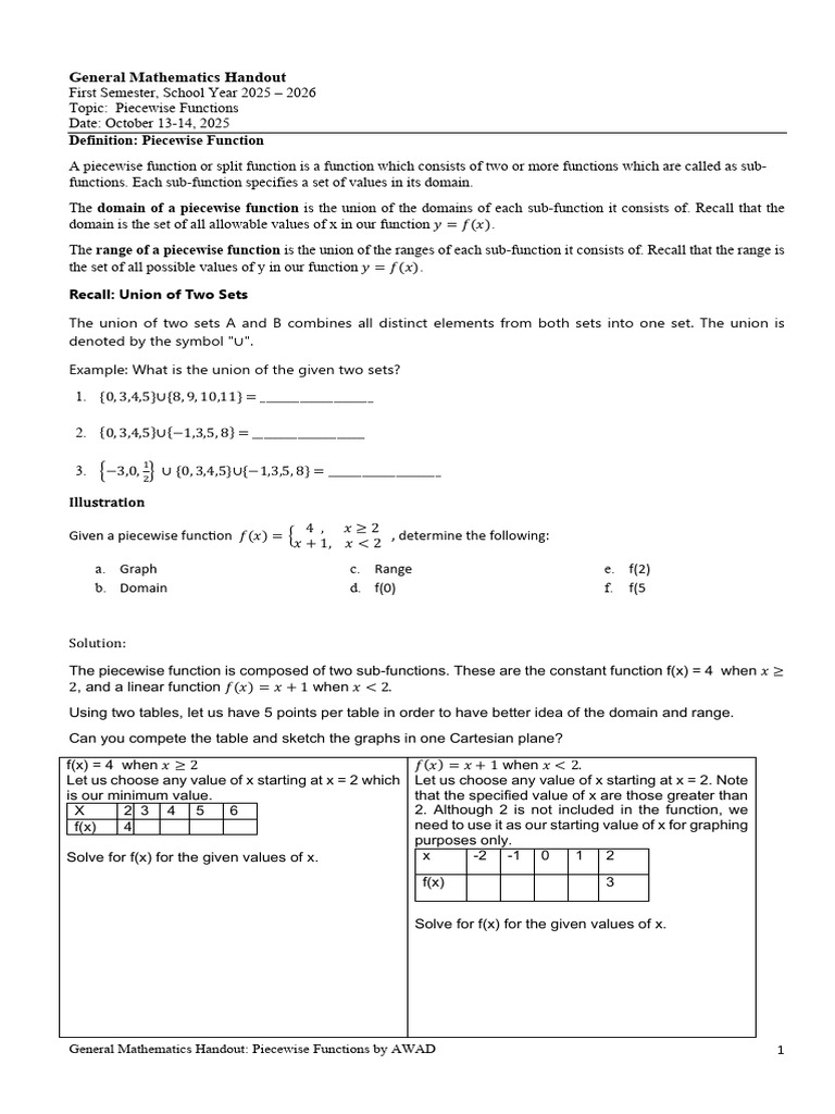 Handout 1 Piecewise Functions | PDF | Function (Mathematics) | Mathematics