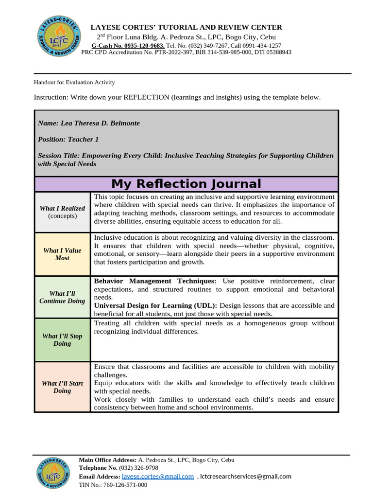 LCTC Reflection Journal Day 1 Morning | PDF | Inclusion (Education) | Behavior Modification
